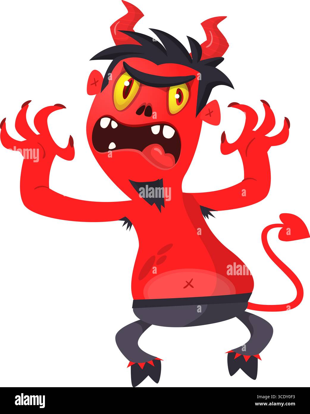 Cartoon funny red devil character design holding fork trident with long ...