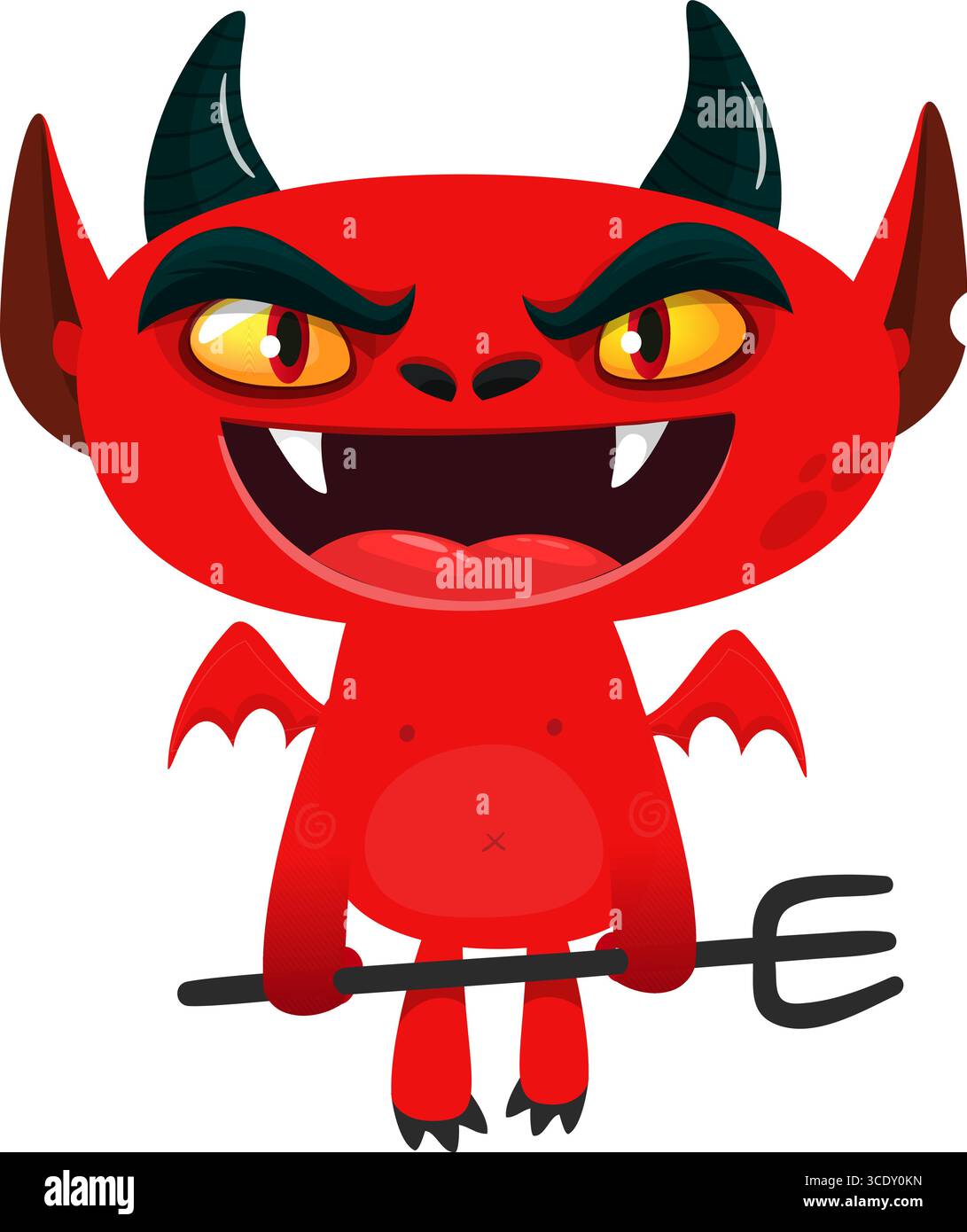 Cartoon funny red devil character design holding fork trident with long ...