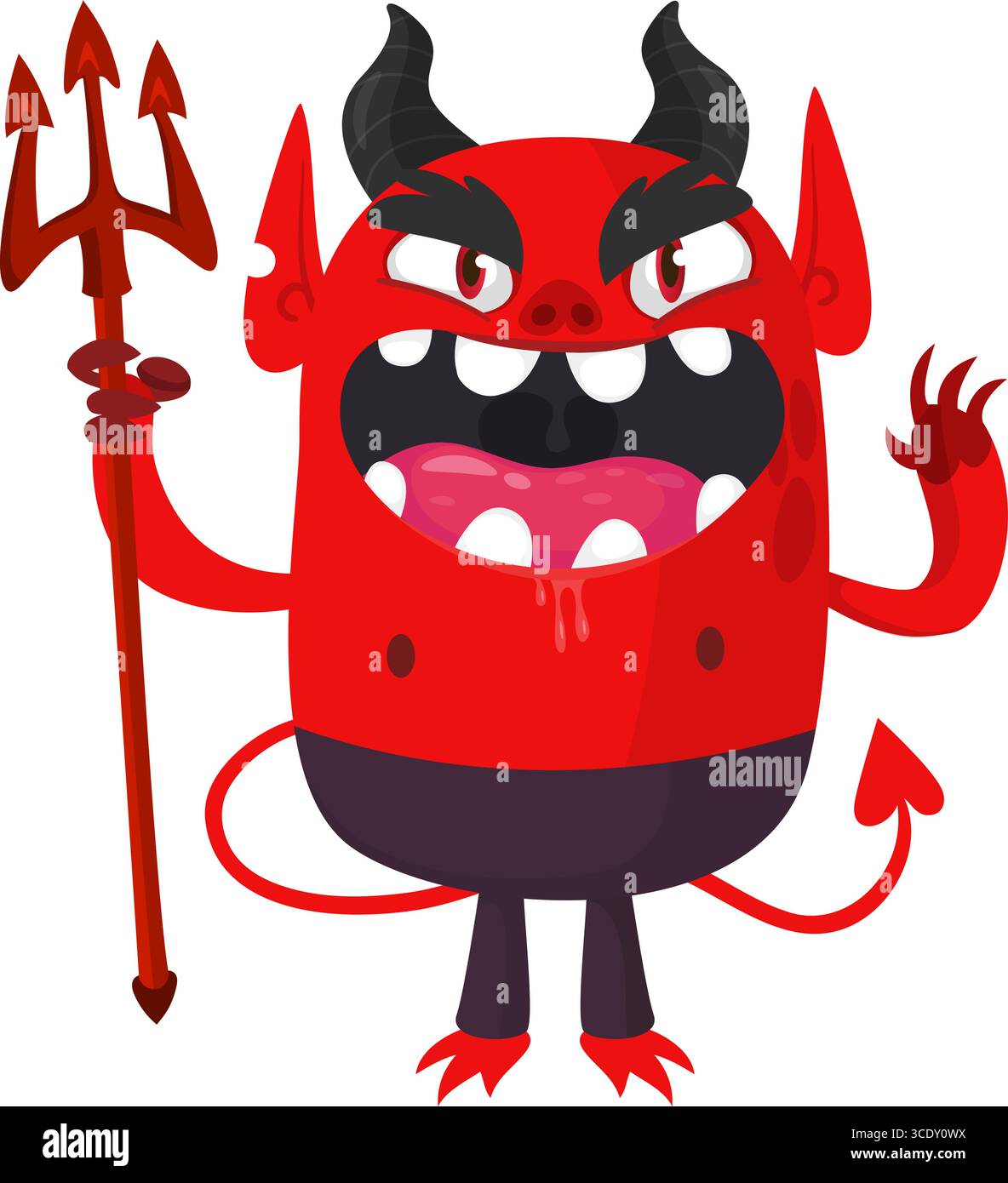 Cartoon funny red devil character design holding fork trident with long ...