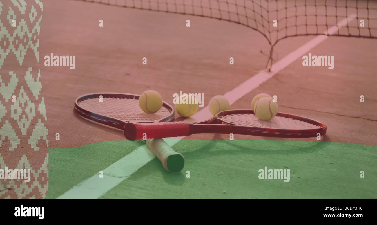 Lying crossed tennis rackets with five yellow balls on outdoor hard ...