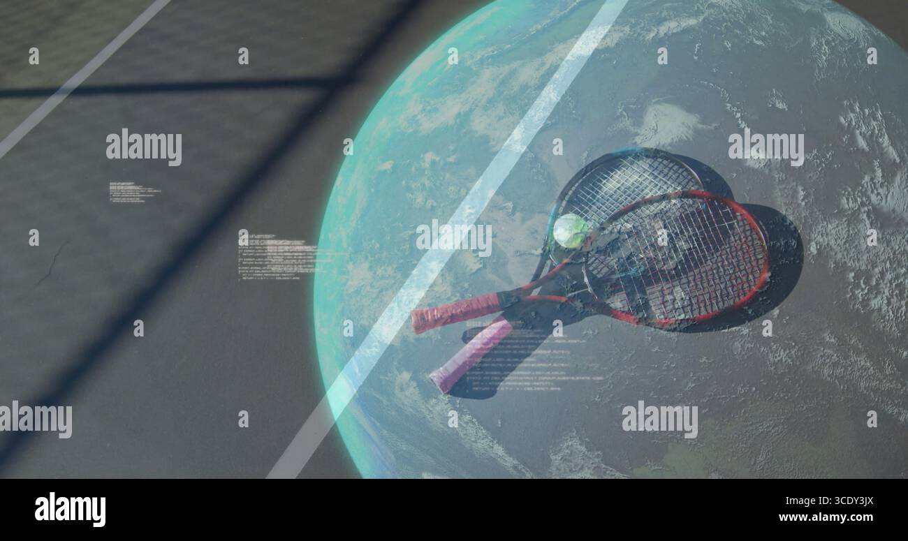 Showing tennis rackets with pink grips crossing globe over tennis ball ...