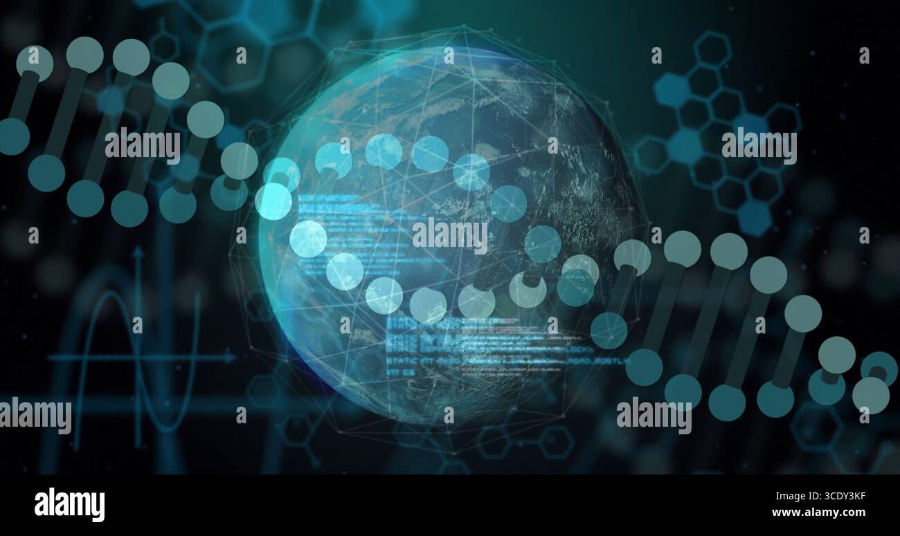 Rotating digital globe revealing DNA helix and code overlays in virtual ...