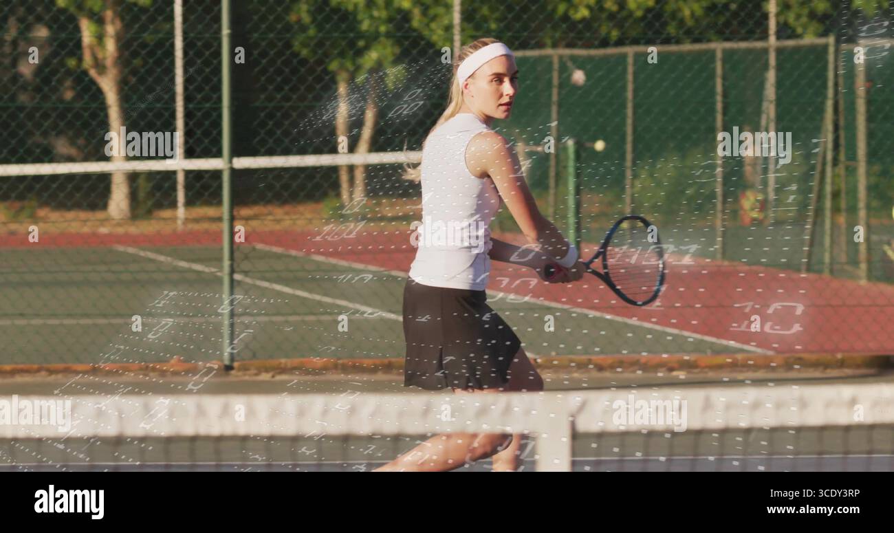 Female athlete wearing headband preparing backhand on tennis court ...