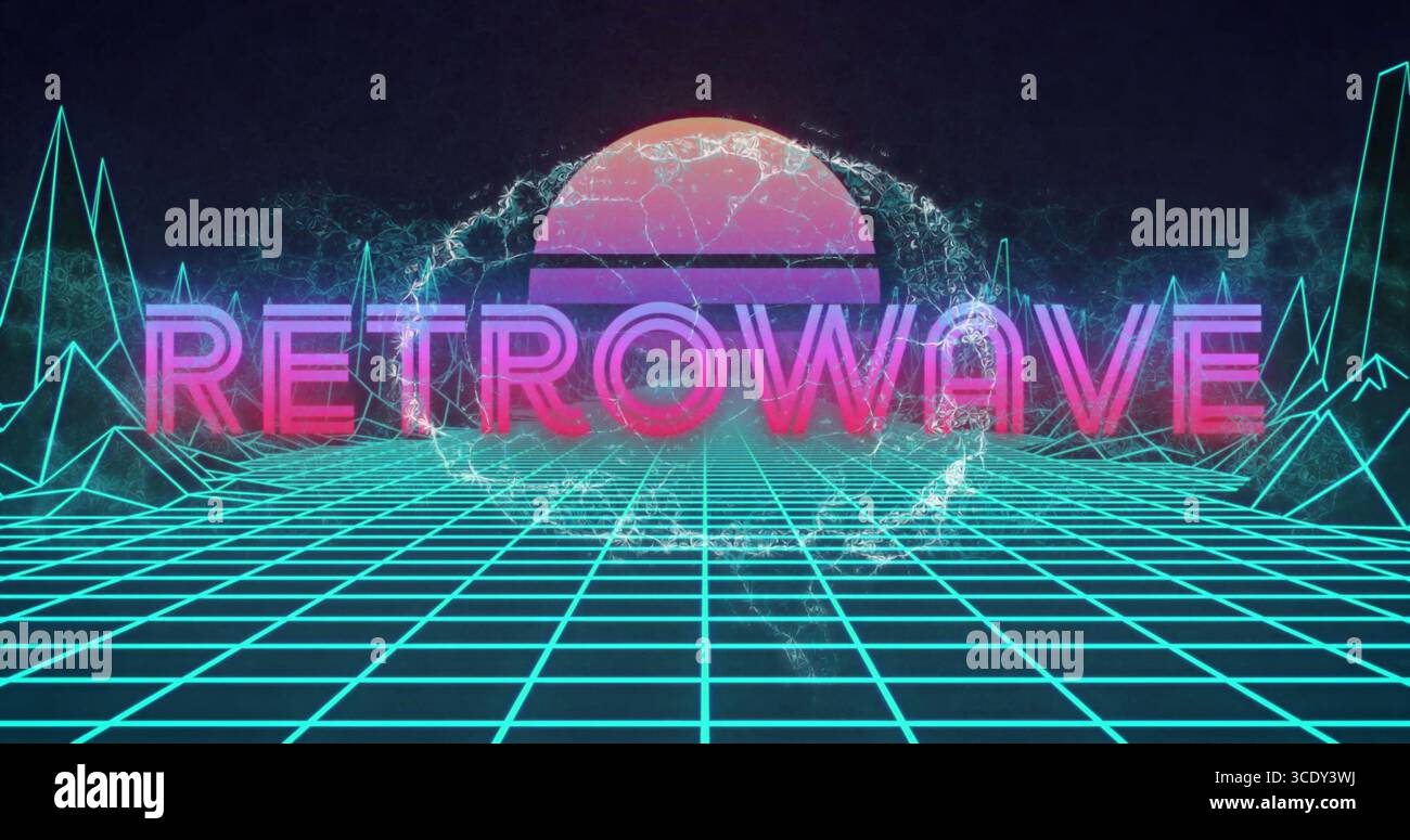 Neon RETROWAVE text floating above grid floor in digital landscape ...