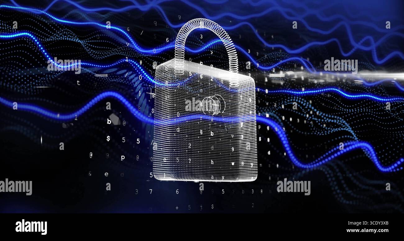 Wireframe padlock floating in virtual data space, with neon-blue waves ...