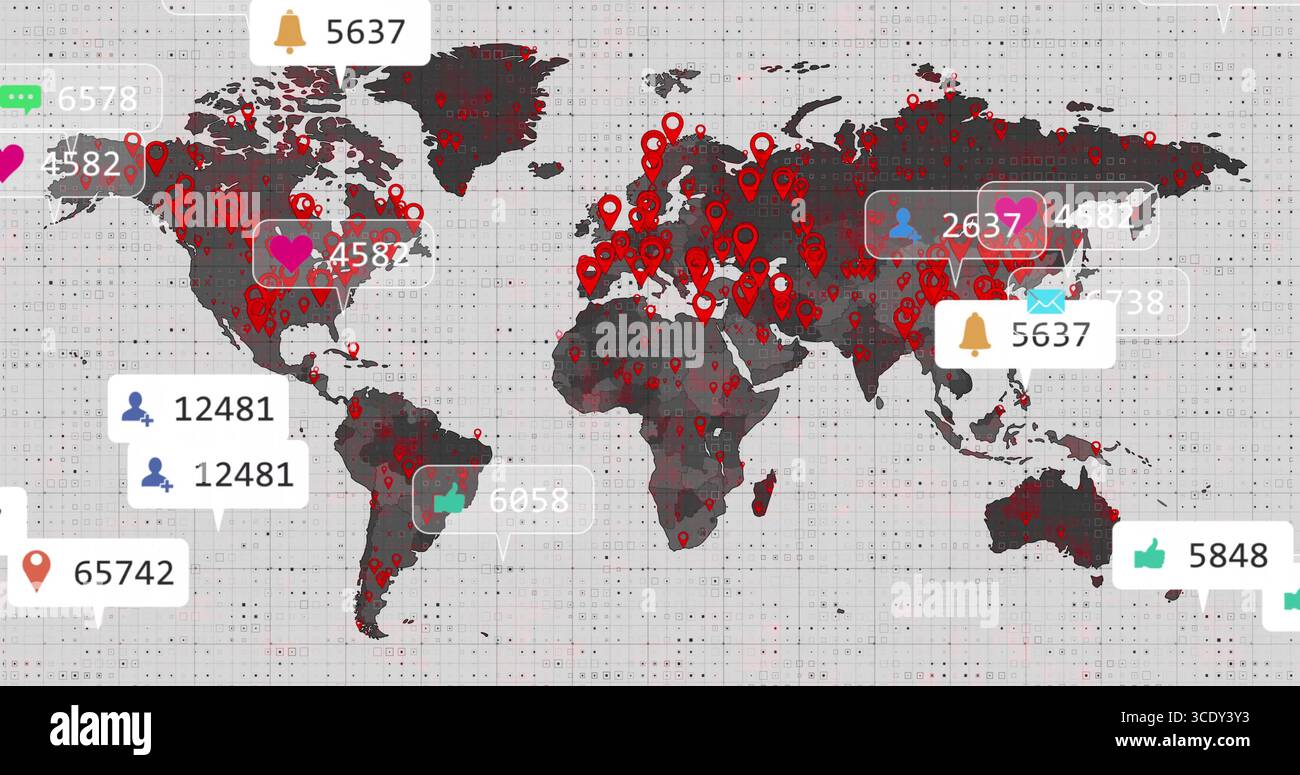 World map updating on dashboard showing red pins, hotspots and white ...