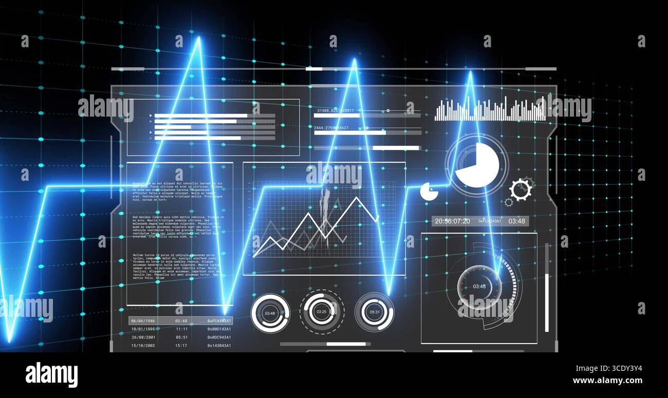 Displaying neon-blue waveform on dashboard with data charts, gauge ...