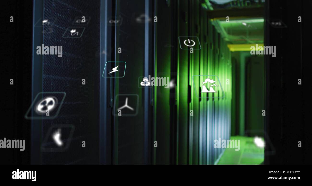 Glowing LED-lit server racks illuminating server room aisle on raised ...