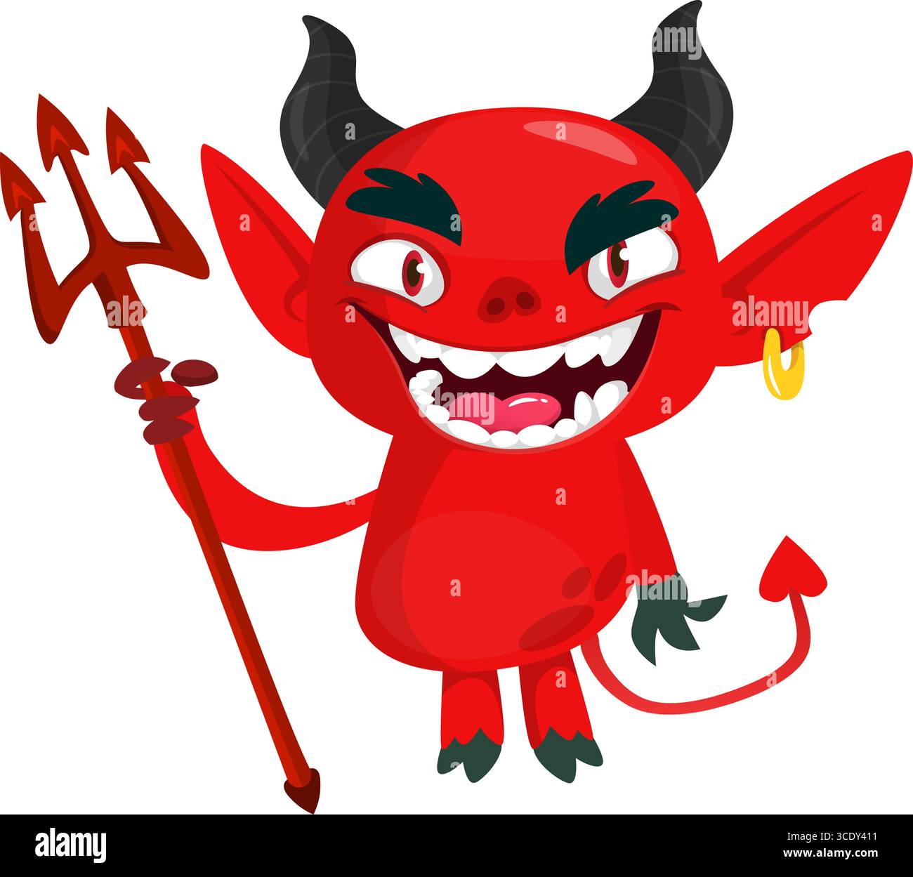 Cartoon funny red devil character design holding fork trident with long ...
