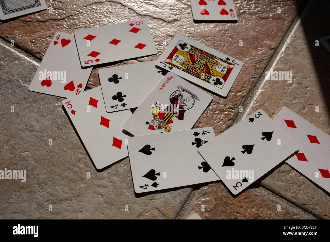 Playing cards scattered wildly across the floor, playing poker Stock ...