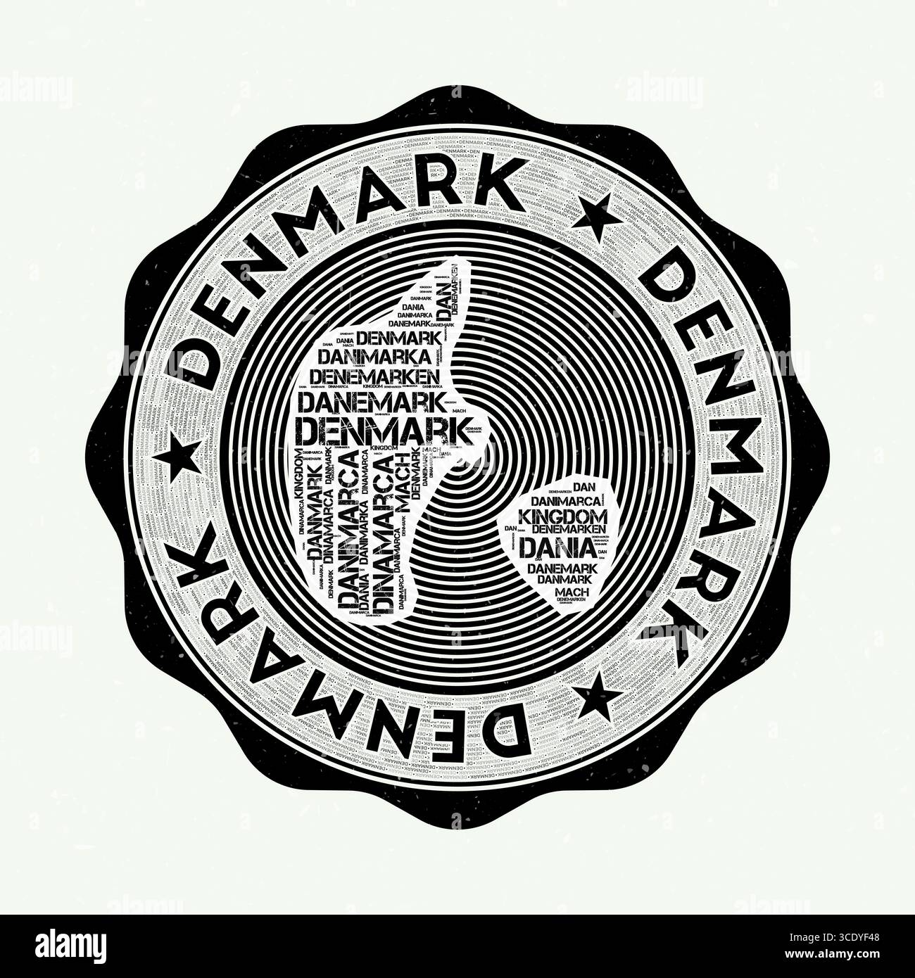 Denmark seal. Country round logo with shape of Denmark and country name ...