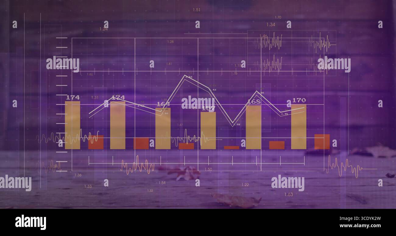 Displaying data visualization on plank surface, with six yellow bars ...