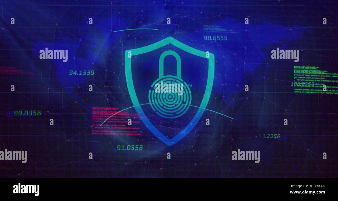 Displaying shield icon encasing padlock fingerprint over grid arc lines ...