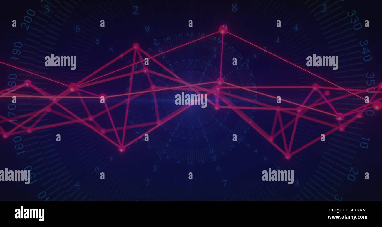 Floating neon red network graph on dark blue radial gauge, with glowing nodes and numeric labels ...