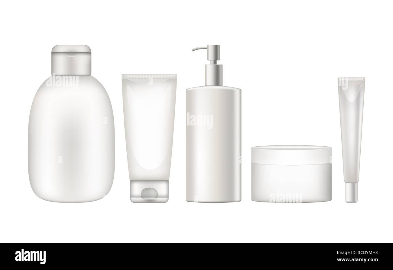 Set of blank realistic cosmetic package presenting white bottles for ...