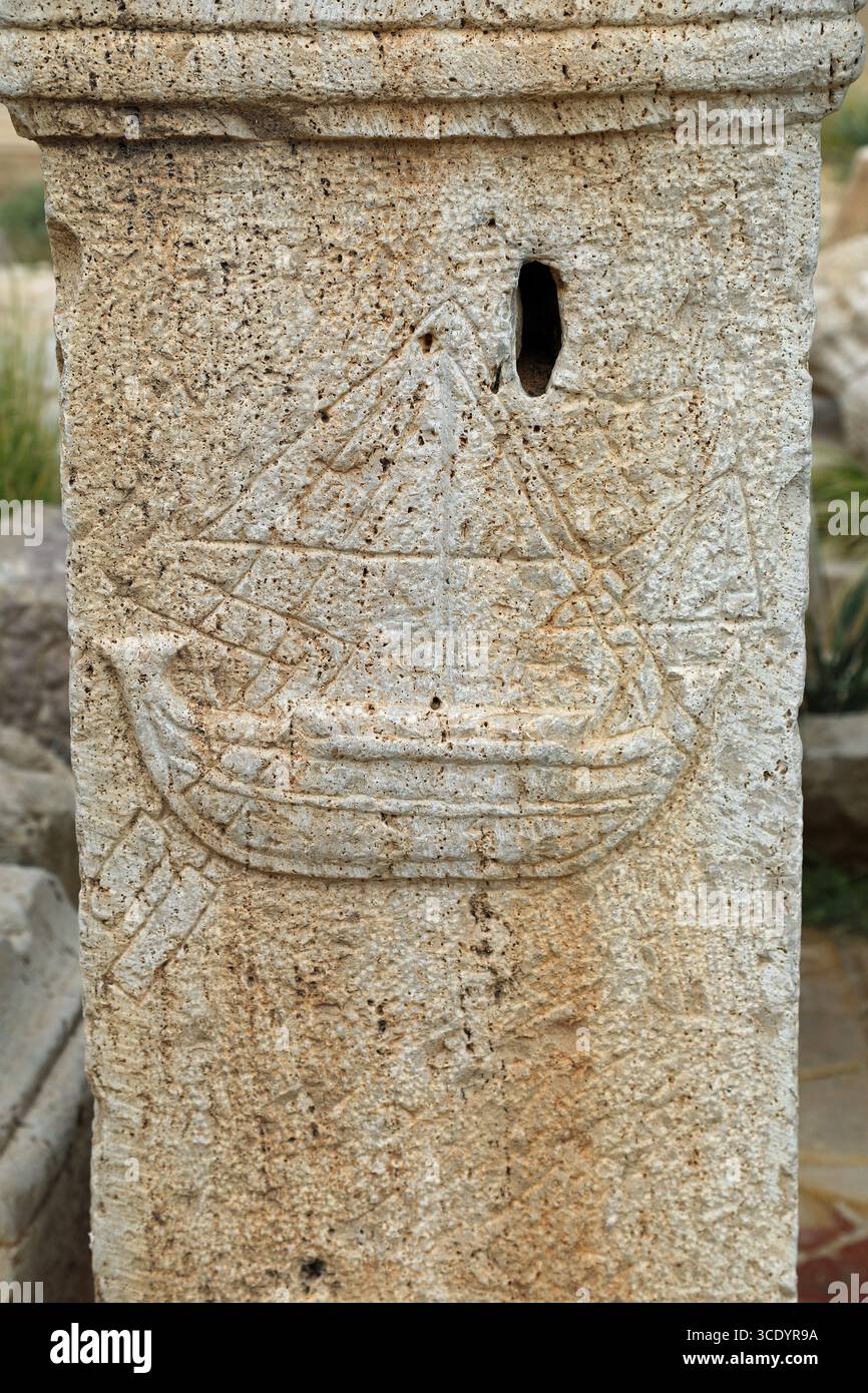 Relief at the Roman marketplace in Leptis Magna depicting a cargo boat ...