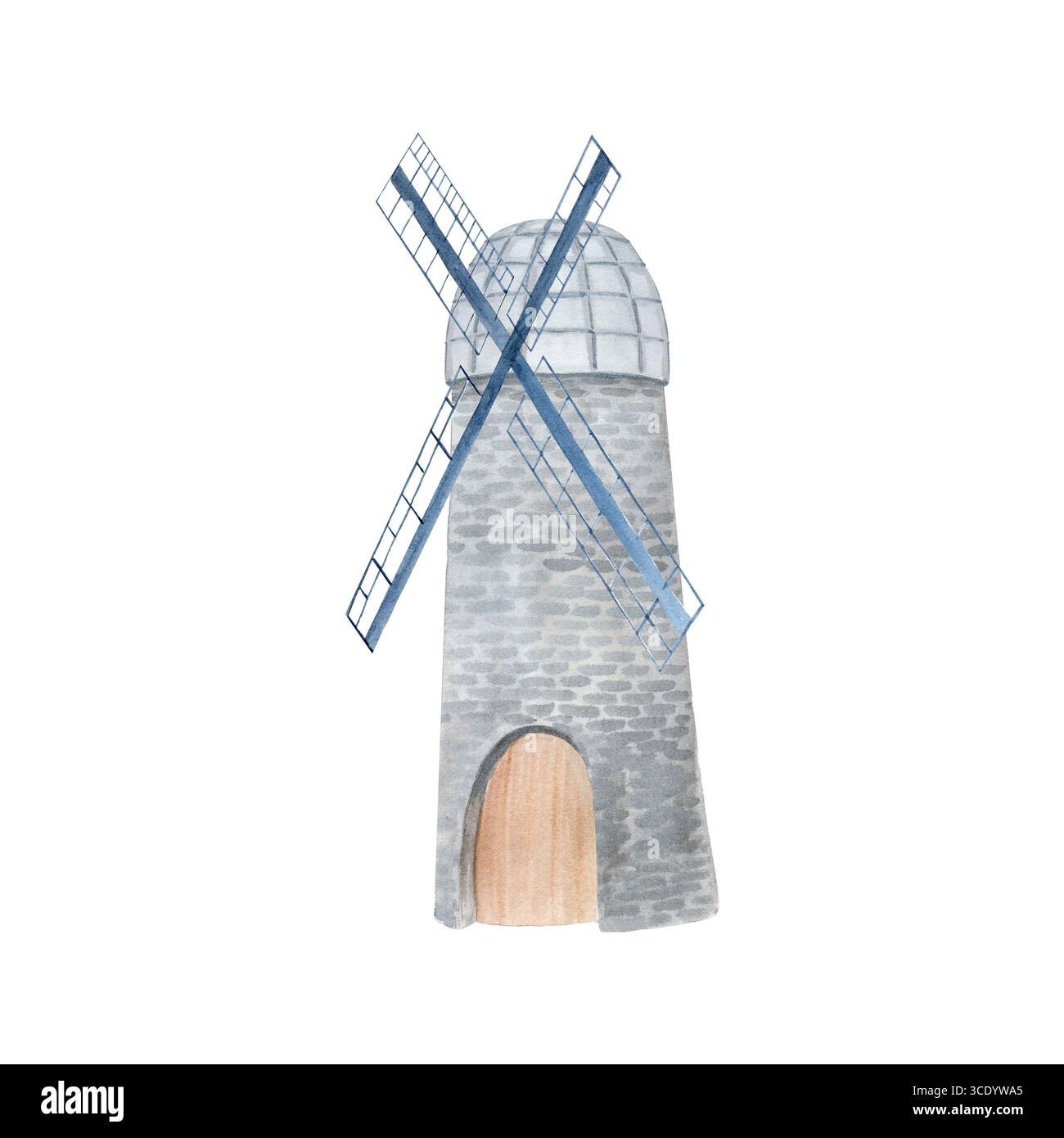 Medieval gray stone windmill with blue blades and wooden door ...