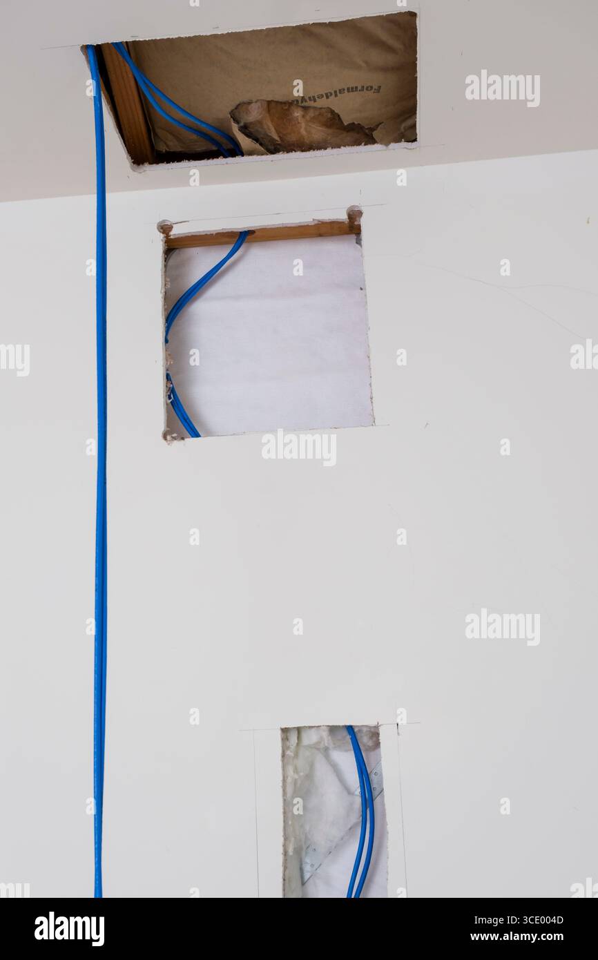Hole in wood top plate for Cat-6A ethernet cables during installation ...