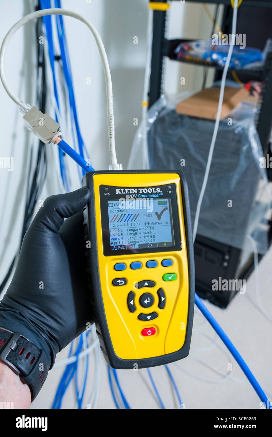 Klein Tools VDV Commander cable tester testing a Cat6A ethernet cable ...