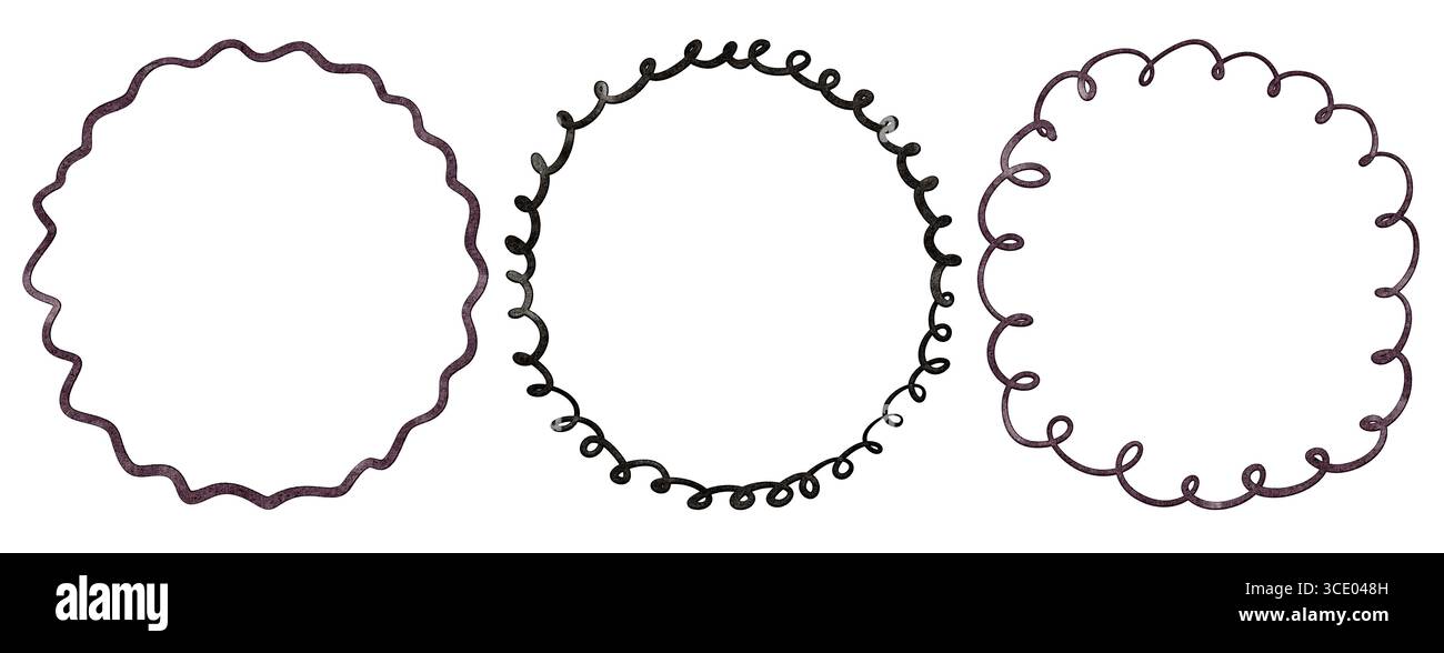 Collection of circular frames with hand drawn lines, curves, scalloped ...