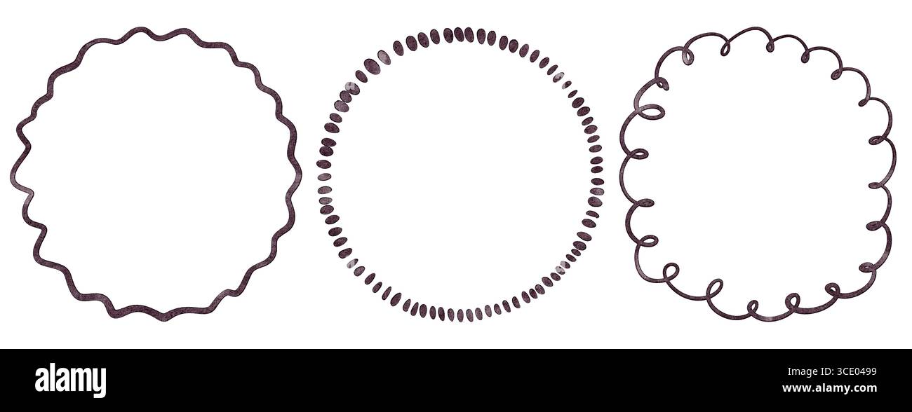 Collection of circular frames with hand drawn lines, curves, scalloped ...
