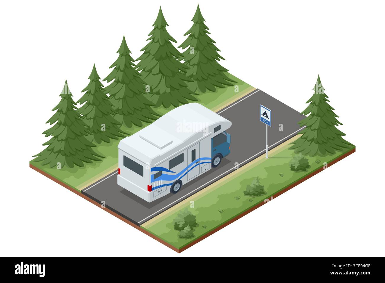 Isometric illustration of a camper van driving on a forest road with a ...