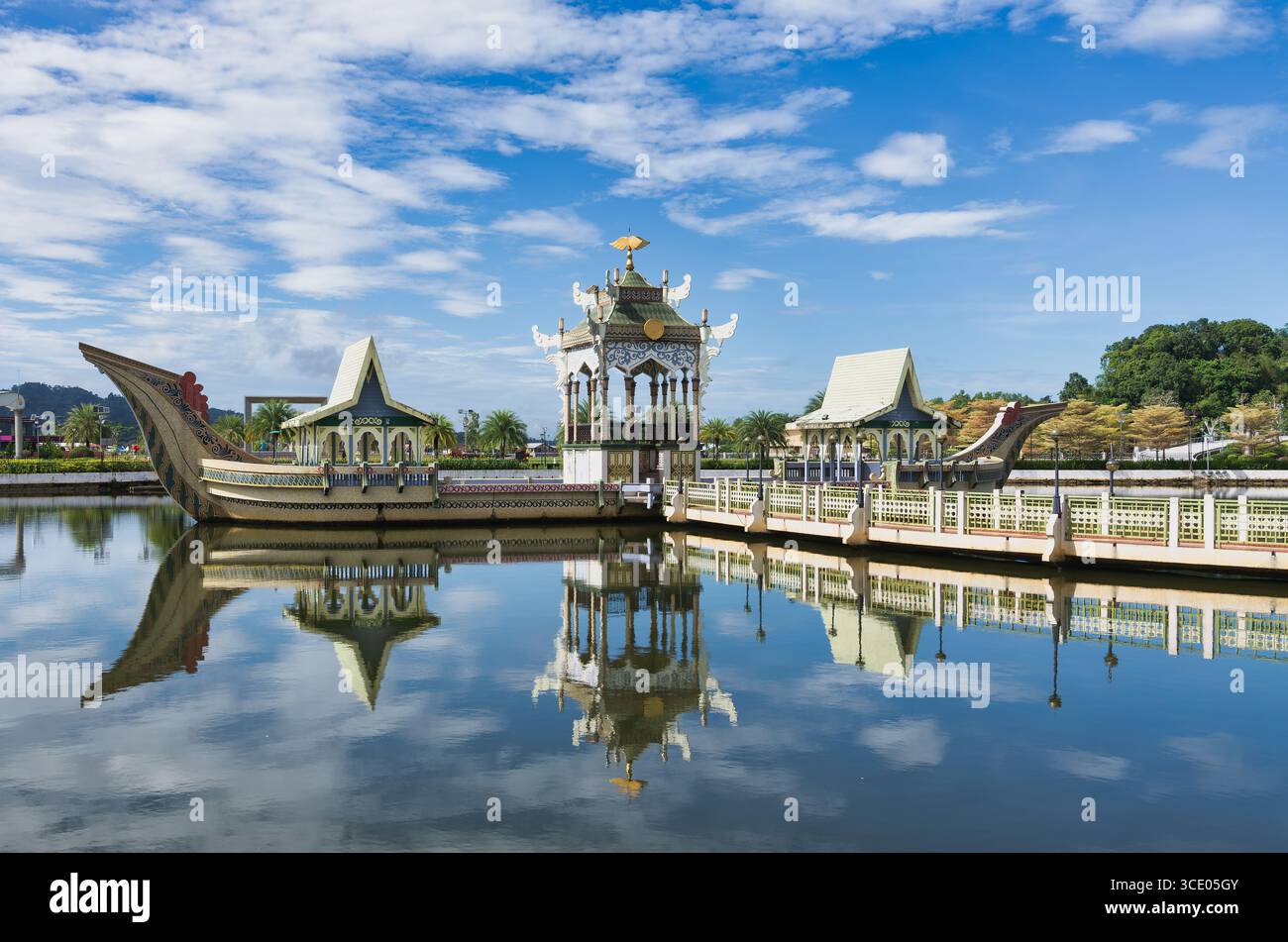 Mahligai, the royal barge replica, on Omar Ali Saifuddien Mosque lagoon ...
