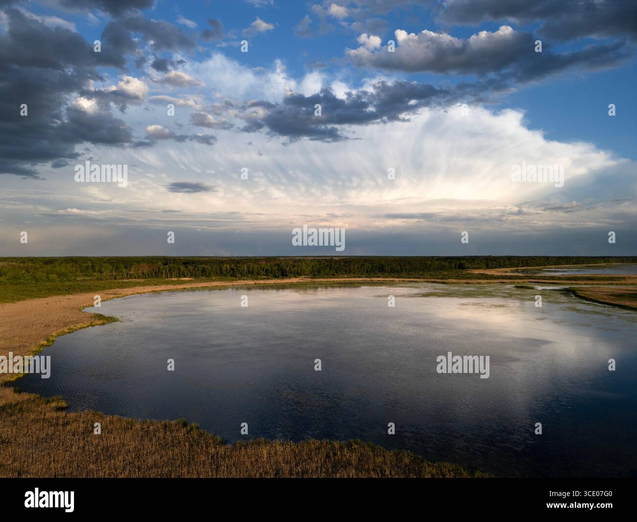 Aerial view of Lake Onamia with reflections of a thunderstorm in the ...