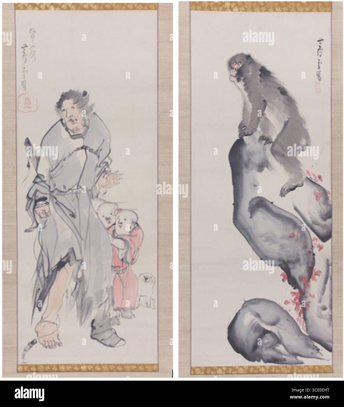Nagasawa Rosetsu - Monkey on a Rock, Monkey Trainer with Chinese ...