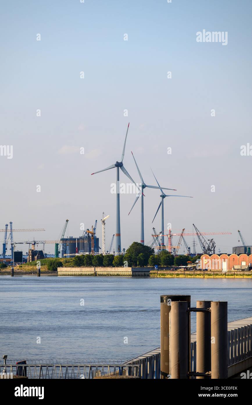 Wind turbines along a waterfront of Scheldt River within industrial ...