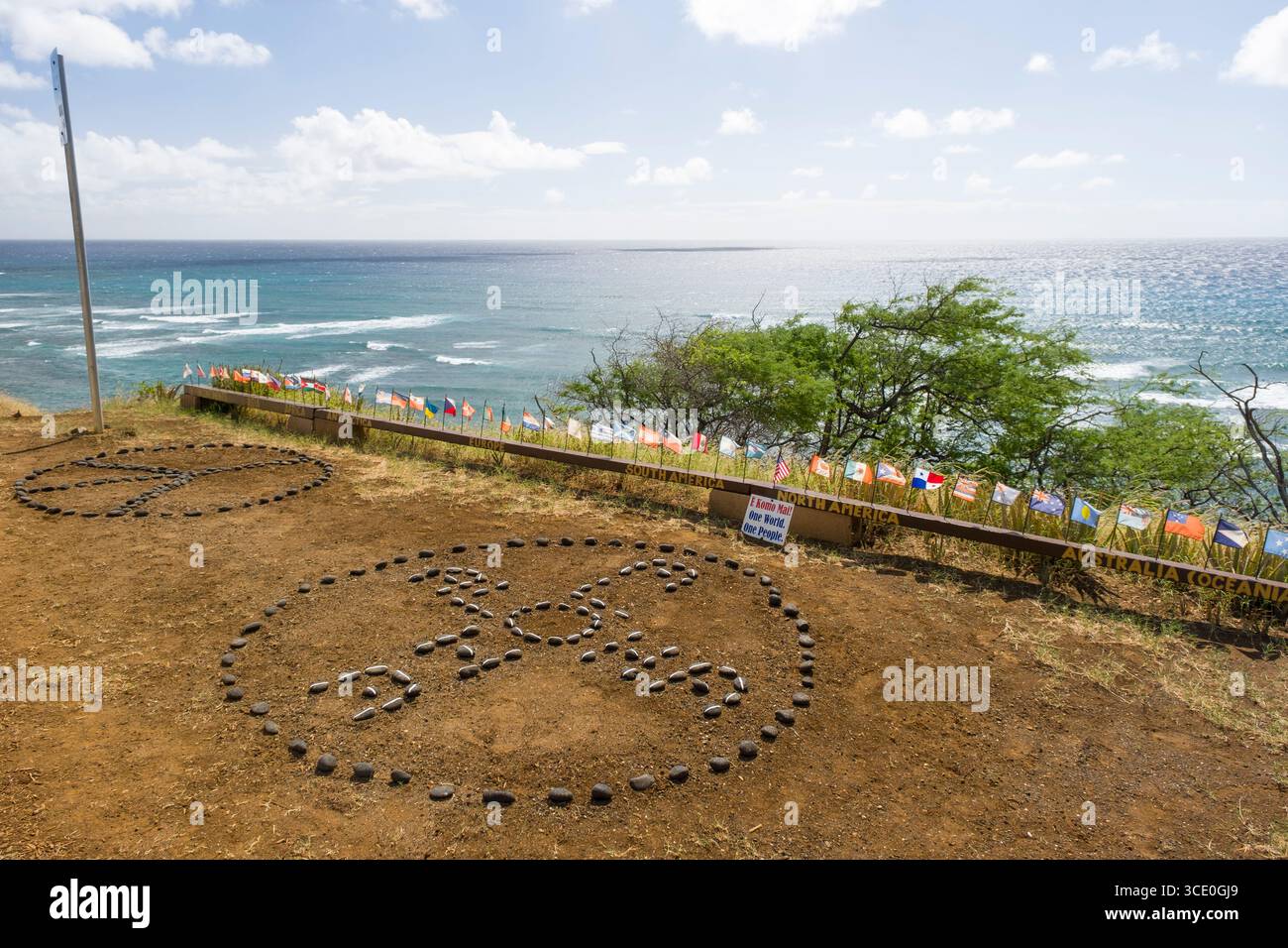 ALOHA written using small river stones with small flags of many nations ...