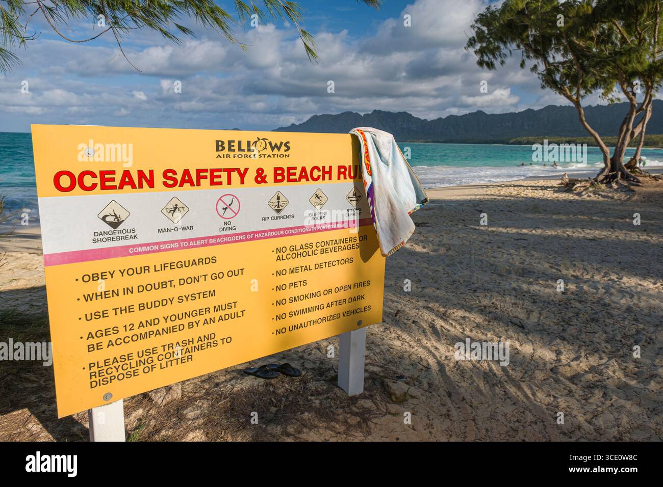Ocean Safety and Beach Rules sign on the beach at Bellows Air Force ...