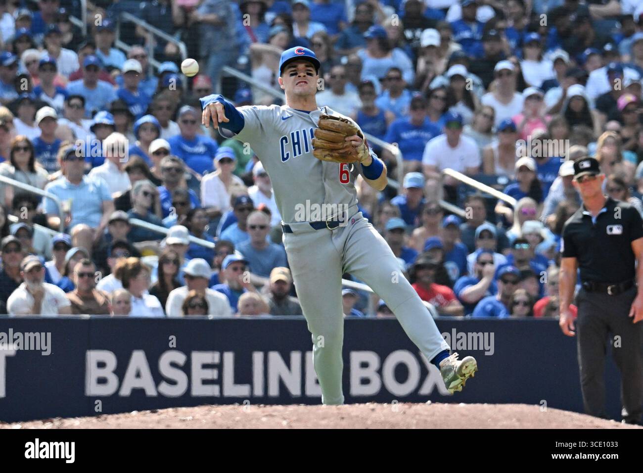 Chicago Cubs third baseman Matt Shaw (6) throws to first base to put ...