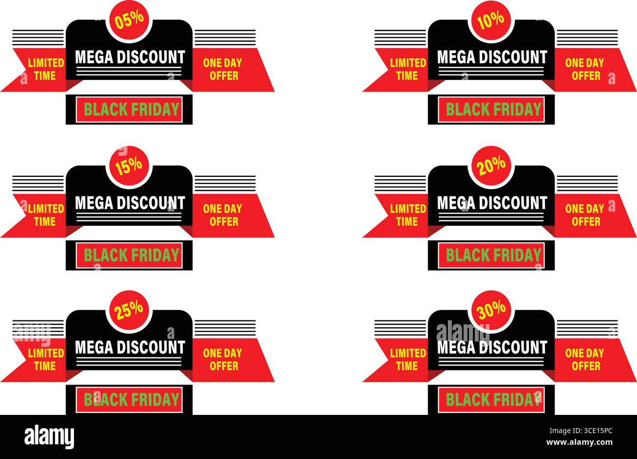 Colorful vector set of mega discount sale ribbons with bold typography ...
