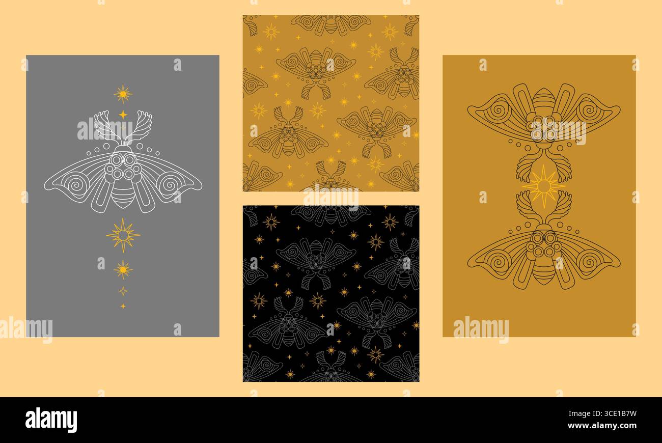 Mystery esoteric decoration with stars and moths on yellow, gray ...