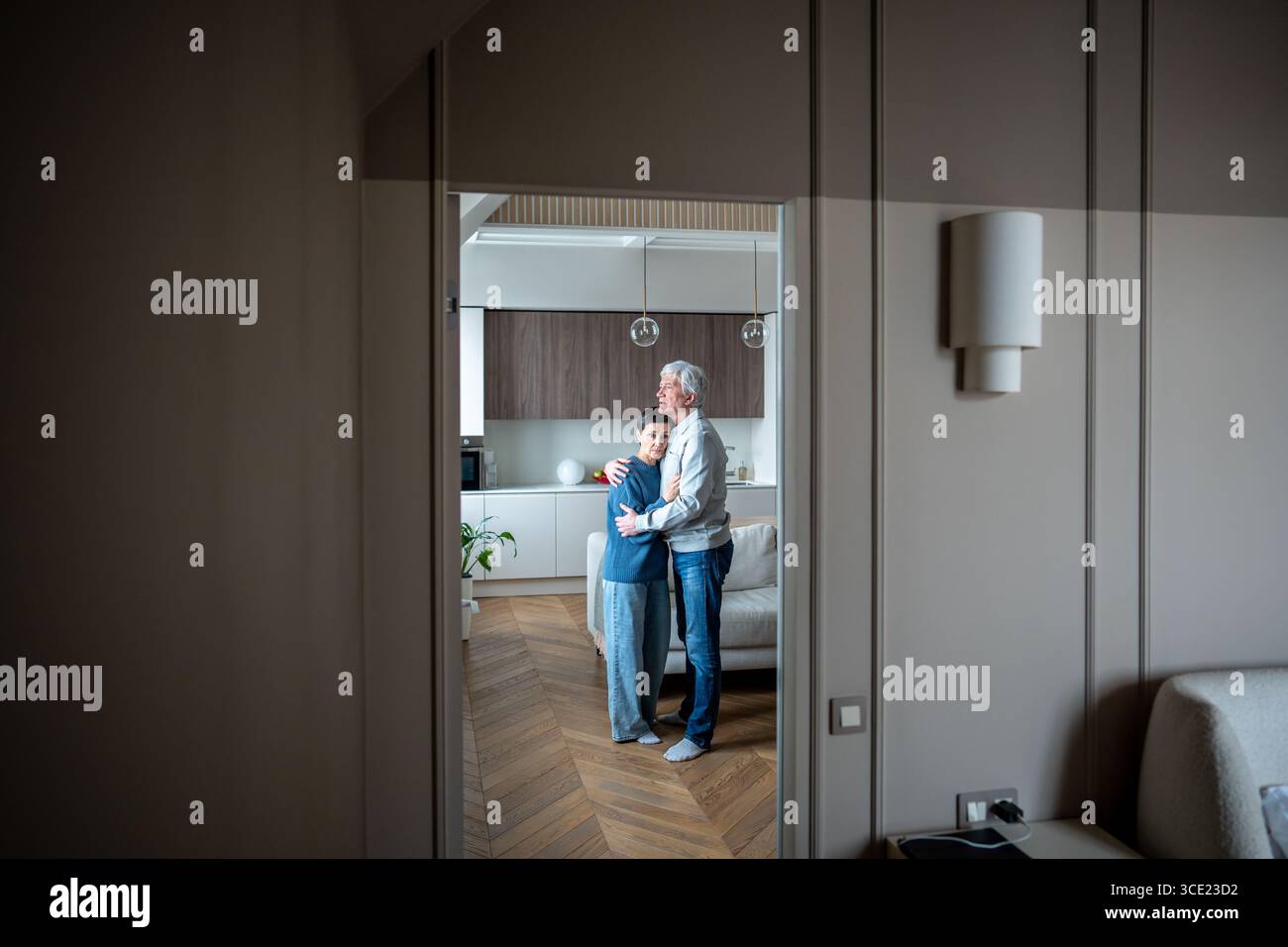 Sad upset husband embrace hug wife, comforts holding close. Family ...