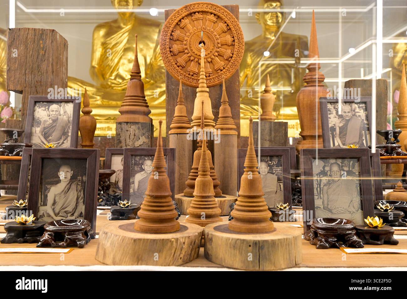 Illuminated display case with relics of revered Thai monks (mahathera ...