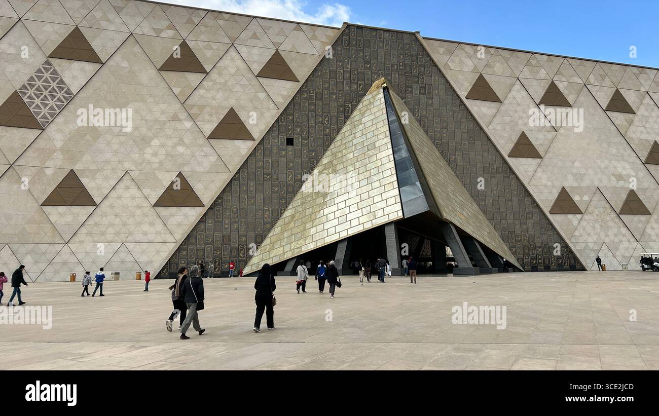 Exterior view of the Grand Egyptian Museum near the Giza Pyramids Stock ...