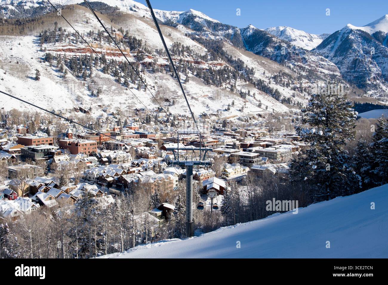 Aerial view of Telluride and the mountains surrounding the town from ...