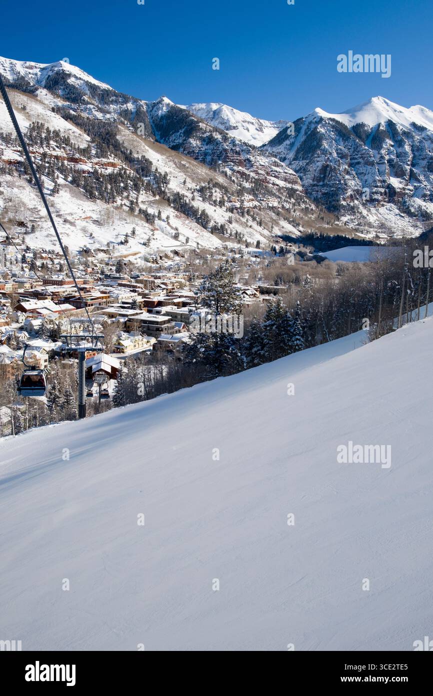 Aerial view of Telluride and the mountains surrounding the town from ...