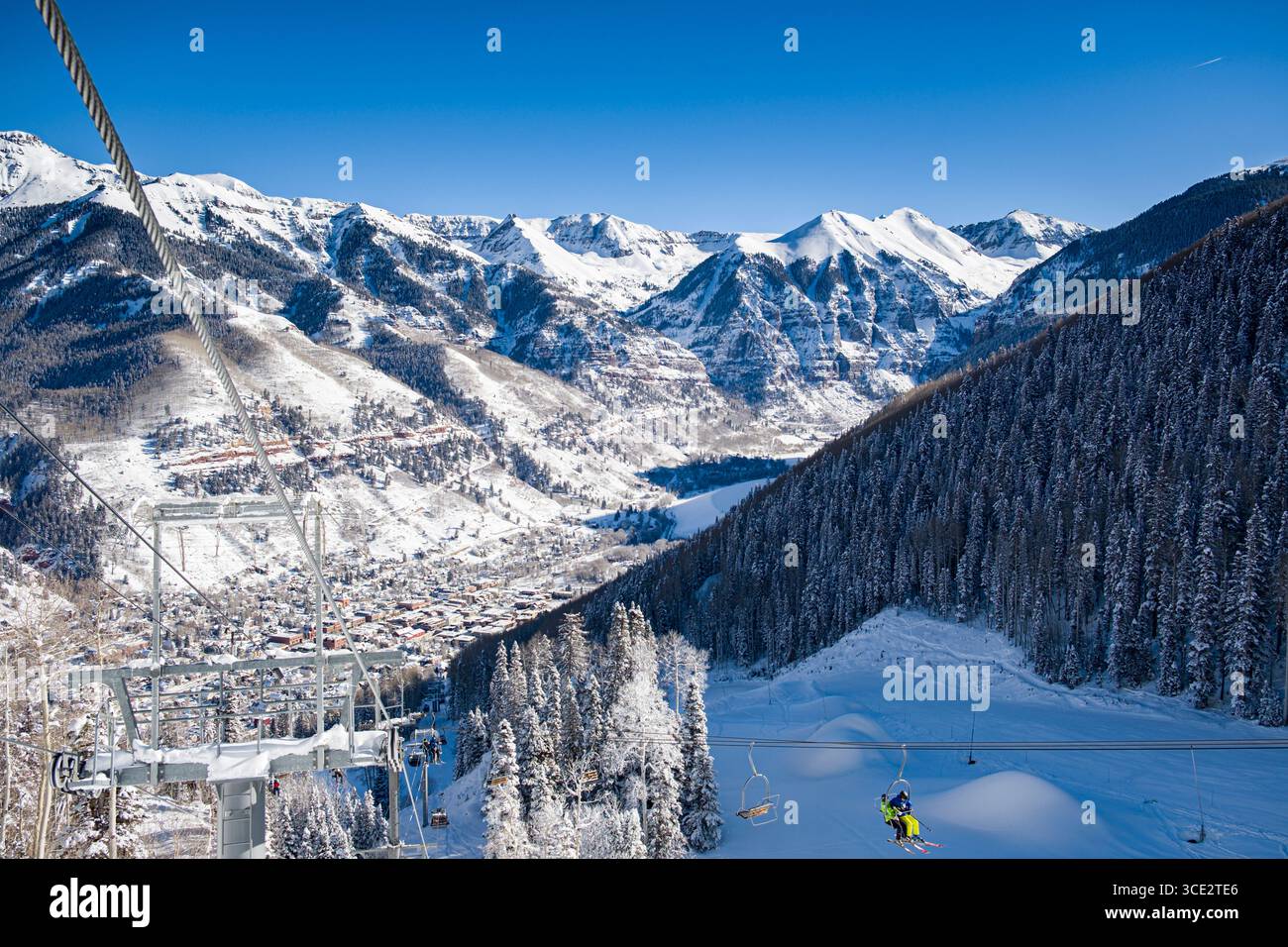 Aerial view of Telluride and the mountains surrounding the town from ...