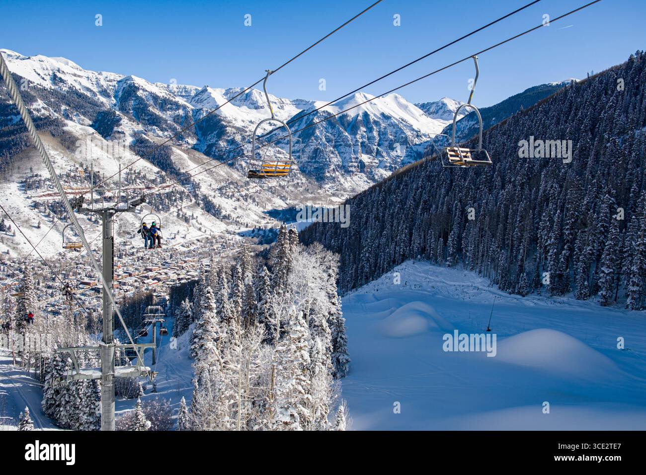 Aerial view of Telluride and the mountains surrounding the town from ...