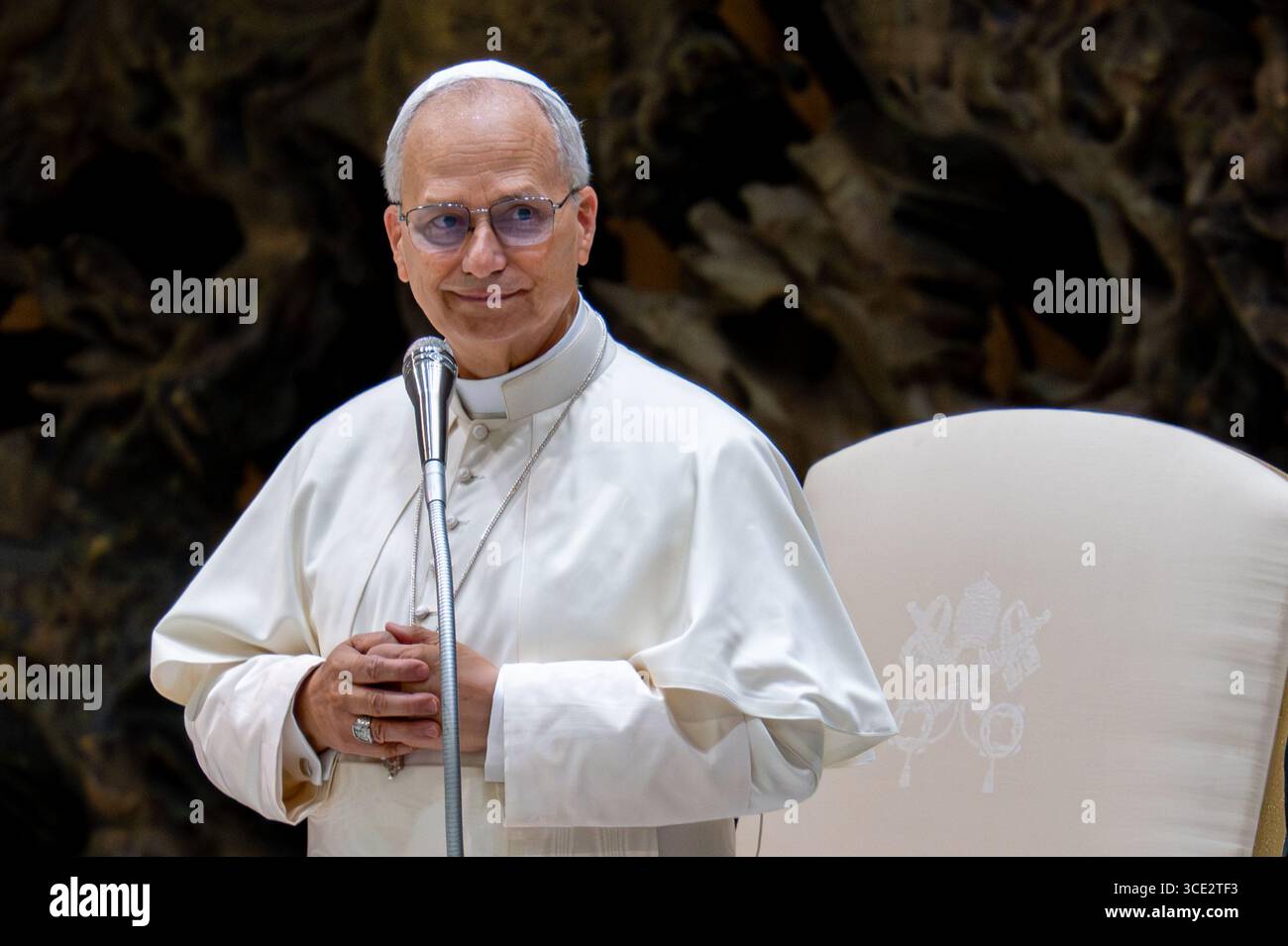 Pope Leo XIV leads the general audience in the Paul VI Hall at the ...
