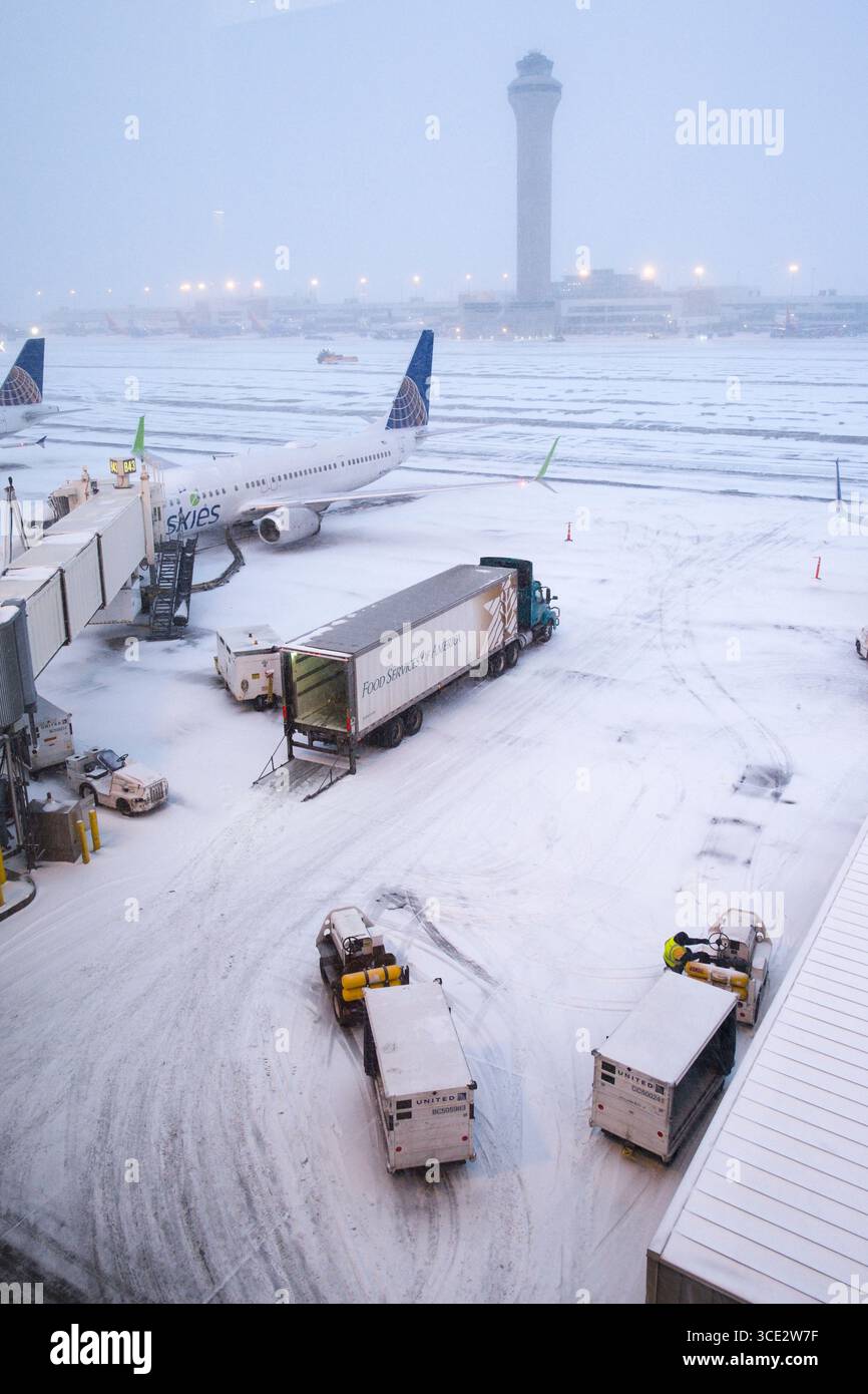 Air Traffic Control Tower partly obscured by falling snow, Concourse B ...