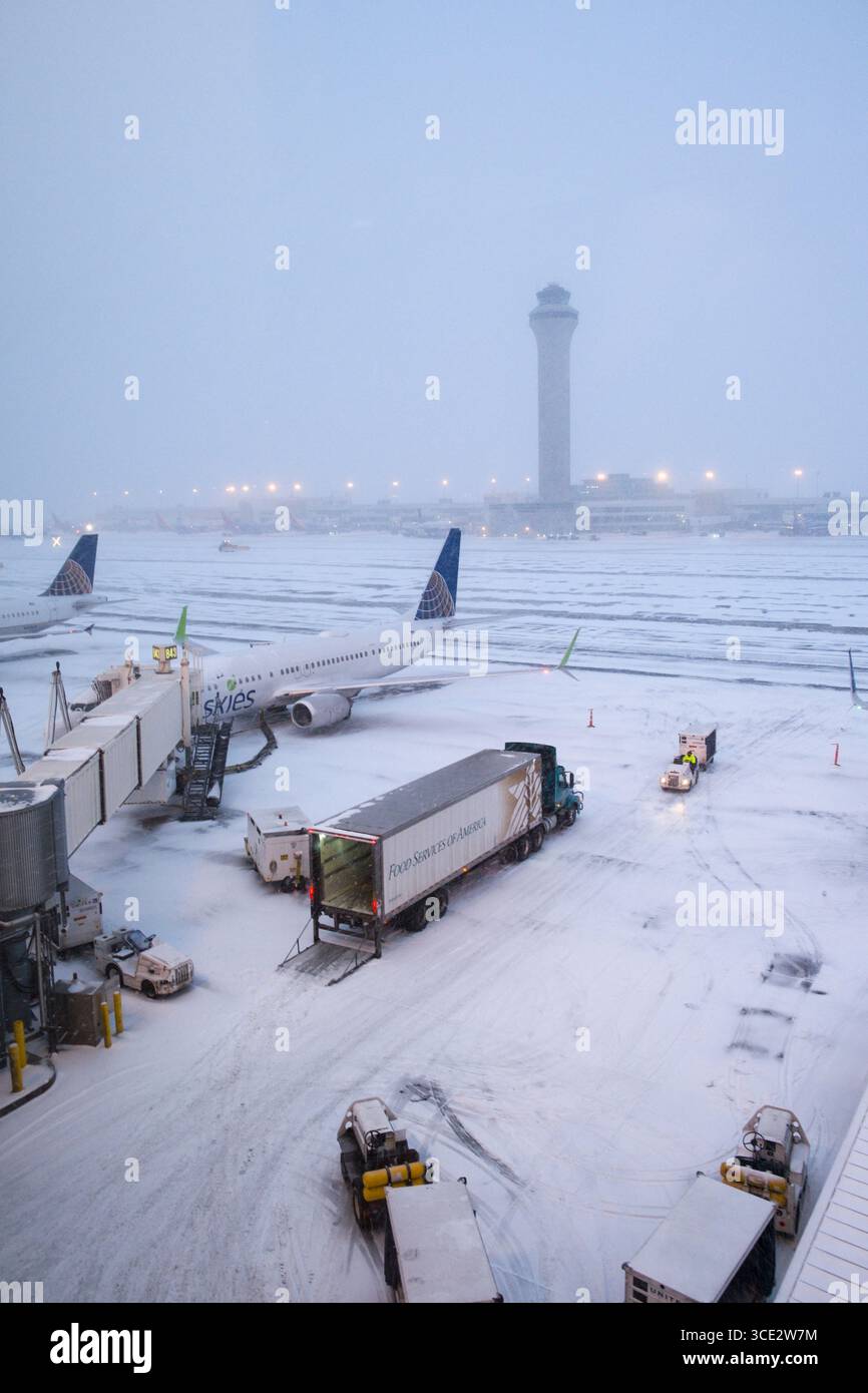 Air Traffic Control Tower partly obscured by falling snow, Concourse B ...