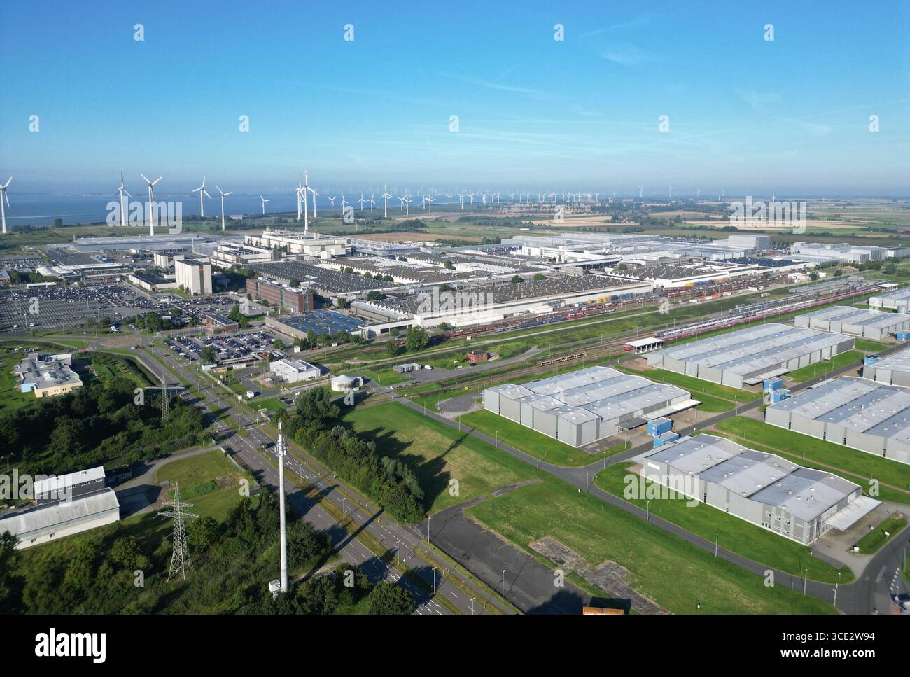 PRODUCTION - 15 August 2025, Lower Saxony, Emden: View of the Volkswagen plant in Emden (drone ...