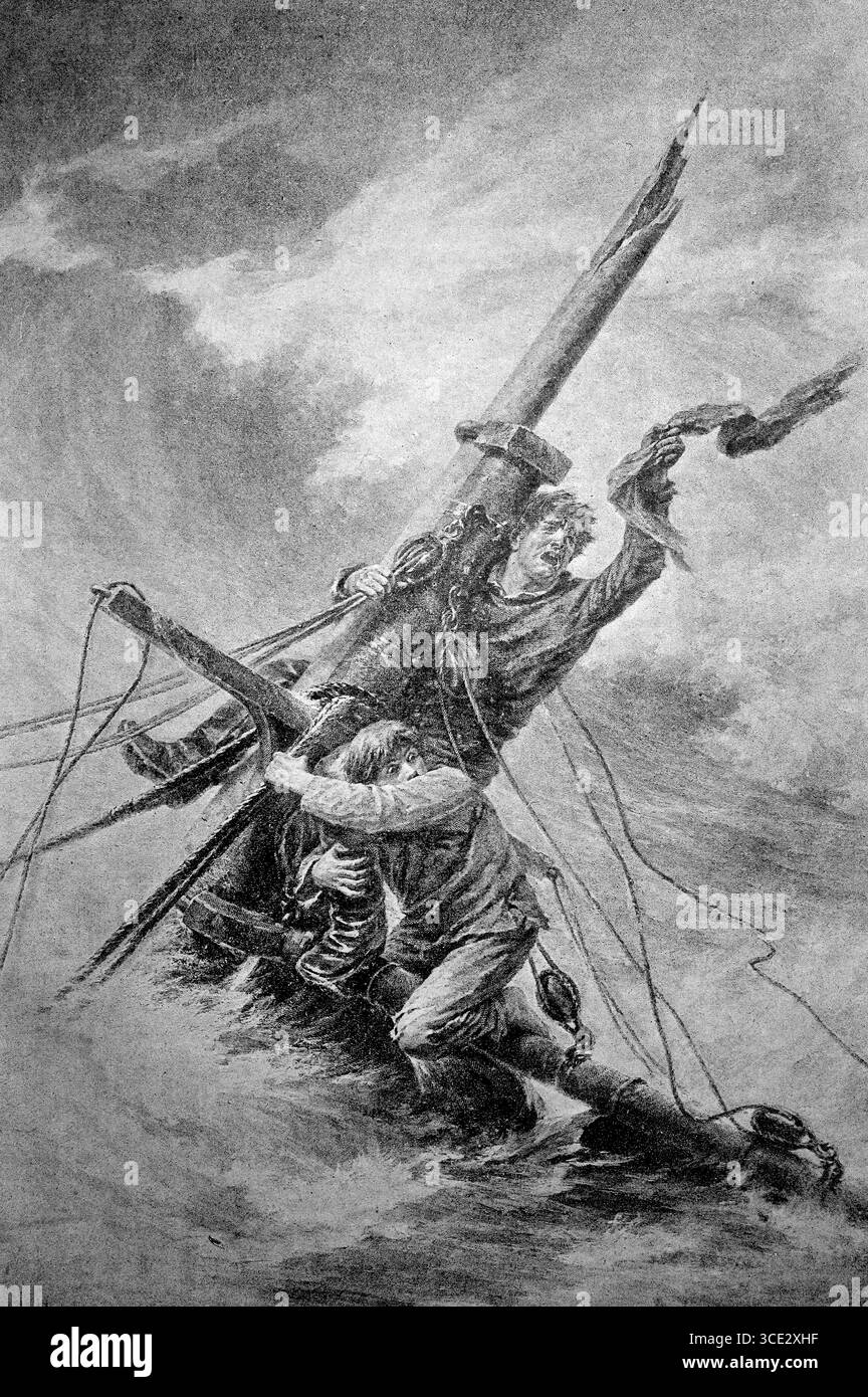 Distress at sea, shipwrecked people cling to the broken sail mast and ...