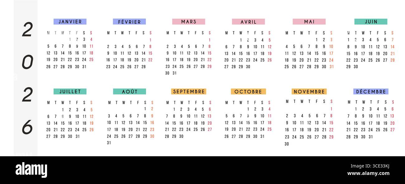 2026 yearly calendar in French language, horizontal layout with ...