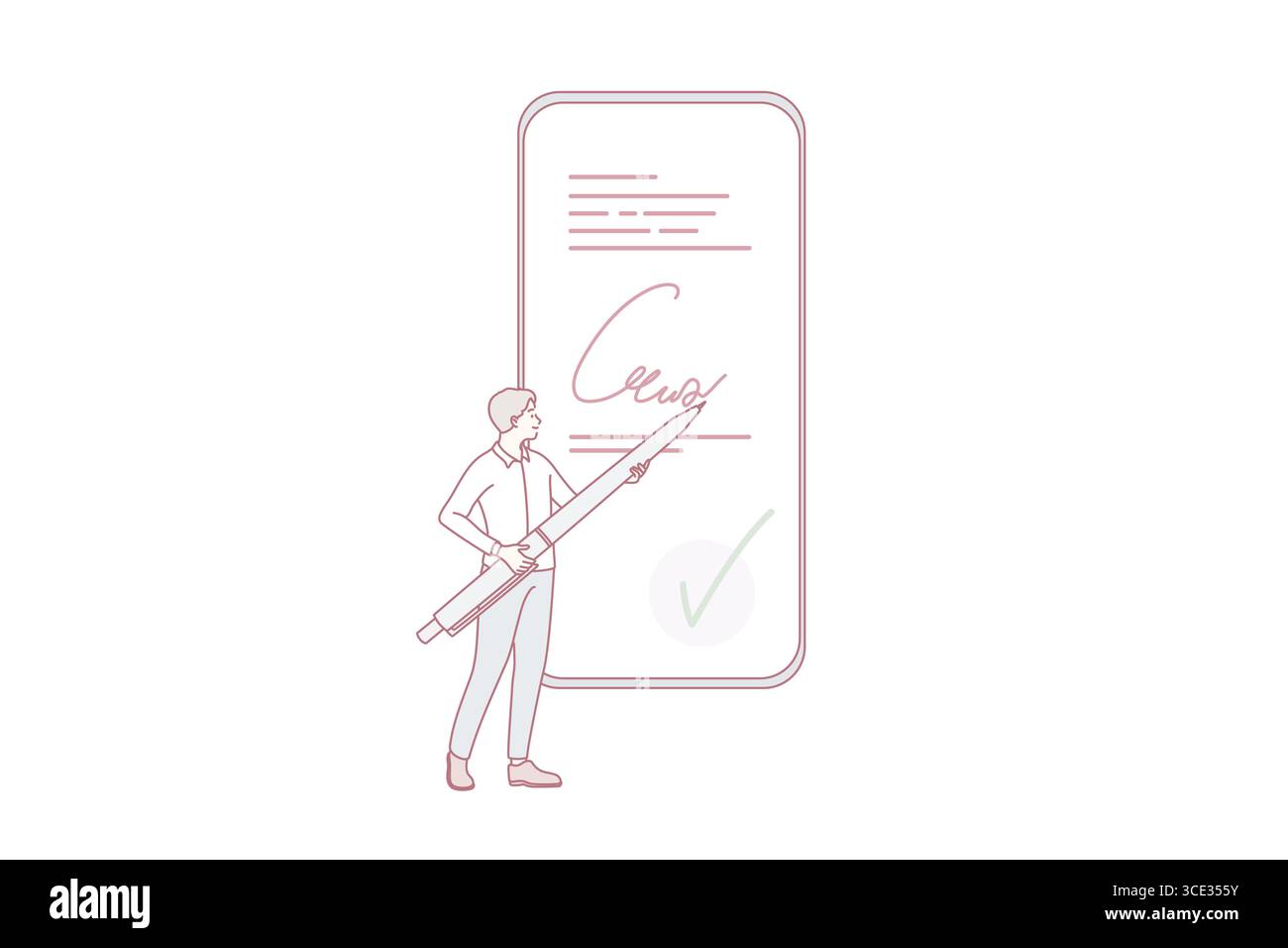 Electronic signature and technologies concept. Small man standing ...