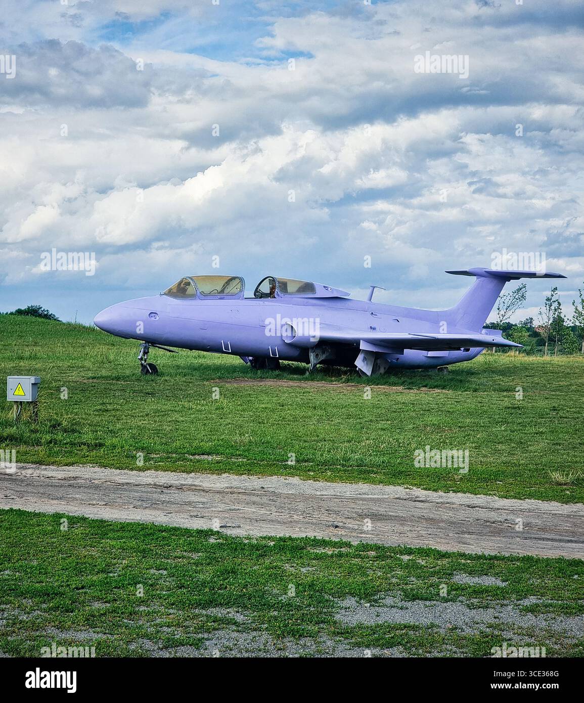 Purple fighter jet in a field. Old training aircraft on a big lawn with ...